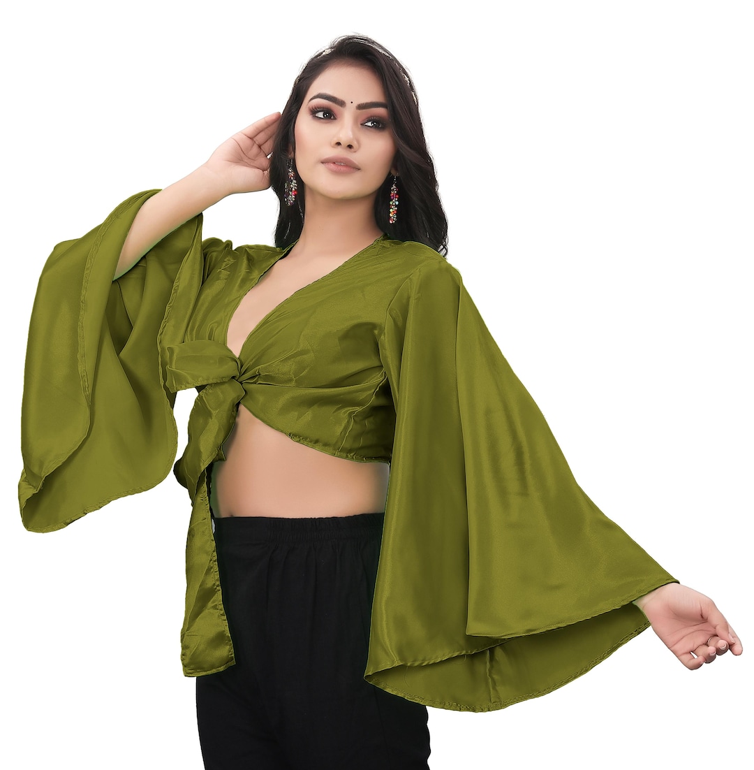 Satin Belly Dance Ruffle Top Tribal Dance Wear Top, Self Tie Satin Long ...