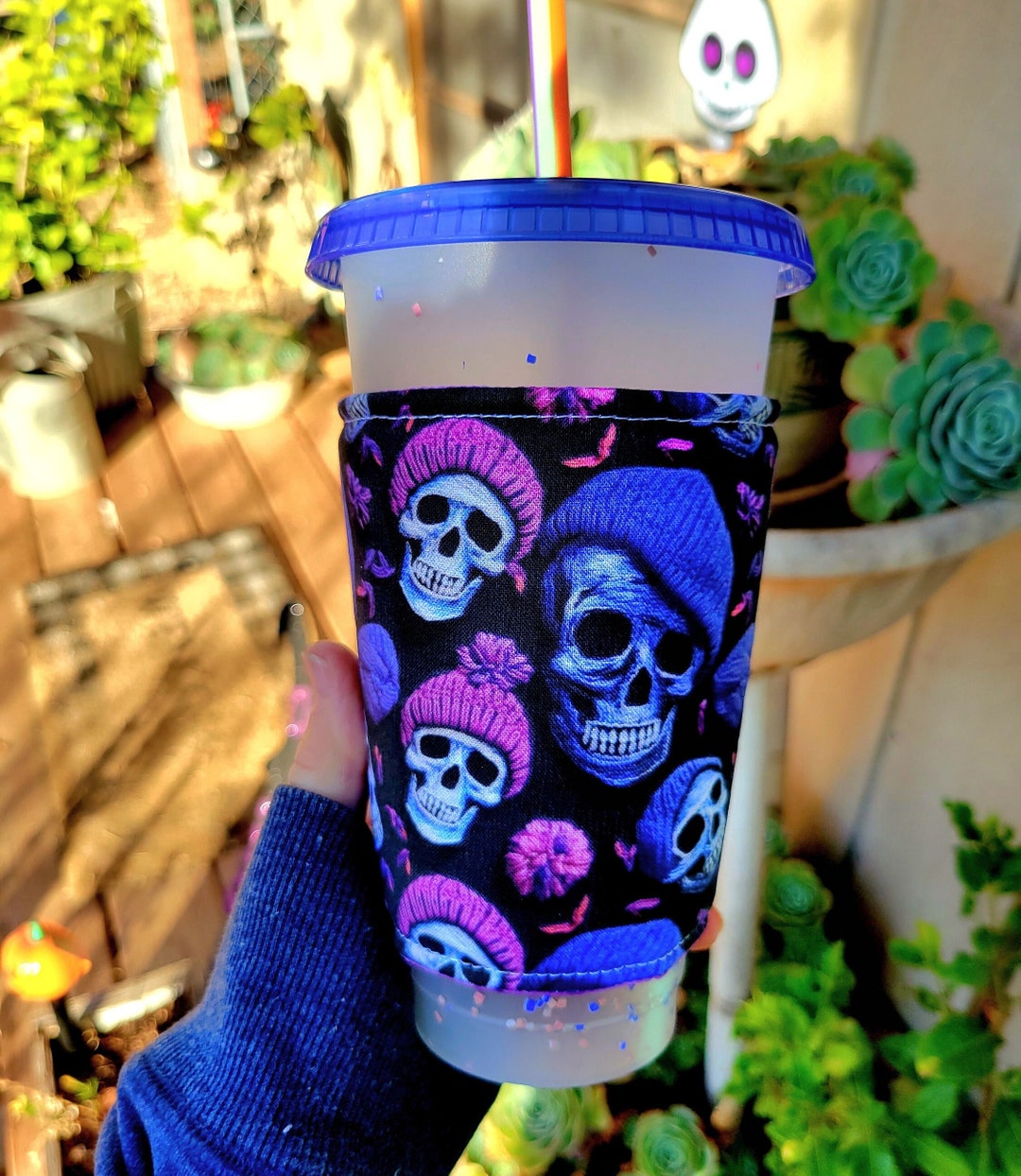Skeletons in Beanies Iced Coffee Cozy, Insulated Sleeve, Reversible ...