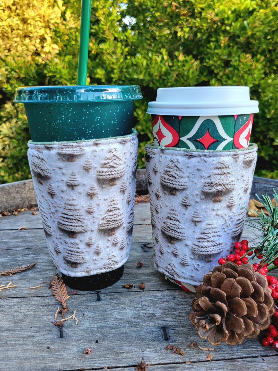 Christmas Trees Coffee Cozy Iced OR Hot Insulated Sleeve, Reversible ...