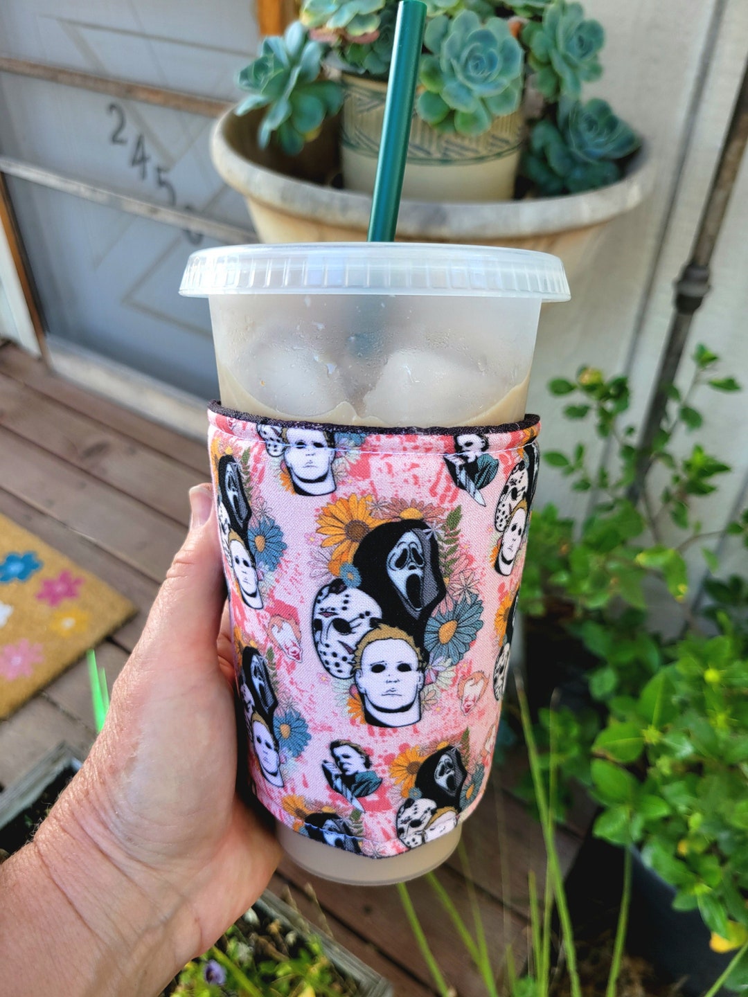 Scary Movie Faces Coffee Cozy Iced OR Hot, Insulated Sleeve, Reversible ...