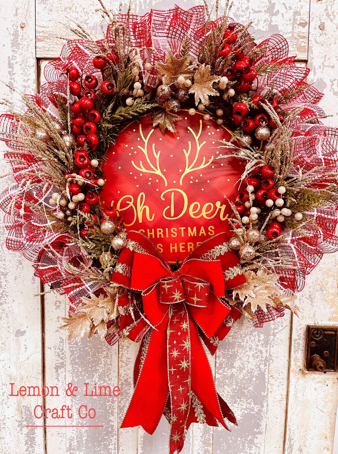 Oh Deer Christmas Wreath Deer Wreath Red And Gold Christmas Wreath