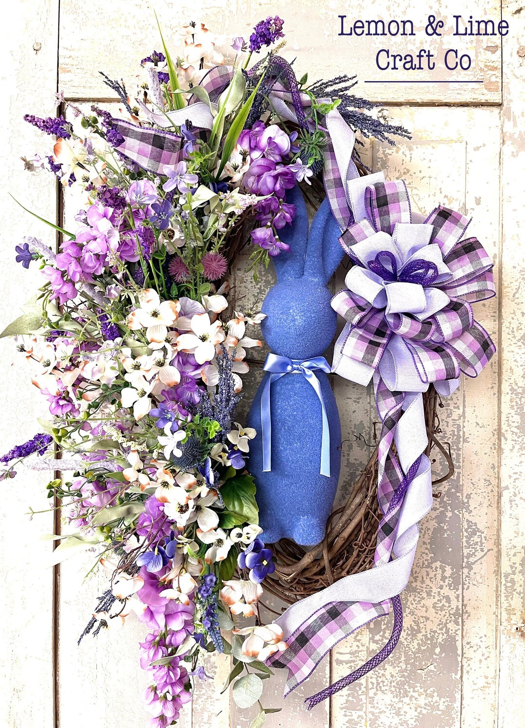 Purple Easter Bunny, Flocked Bunny Wreath, Spring Grapevine Wreath ...