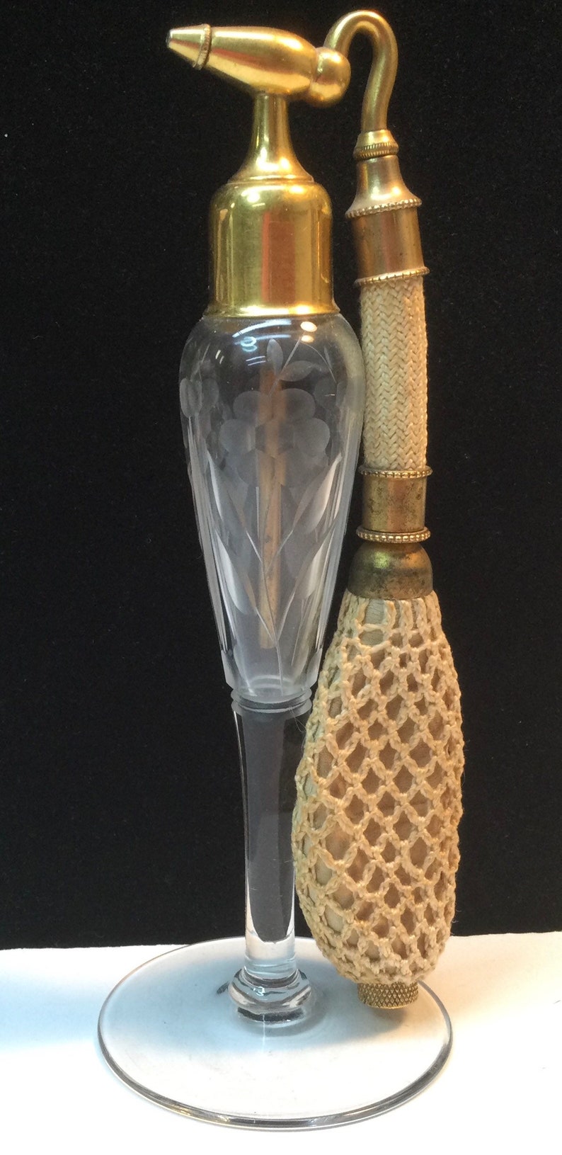 Perfume Bottle Atomizer Vintage Art Deco Cut Glass Gold Metal Devilbiss ...