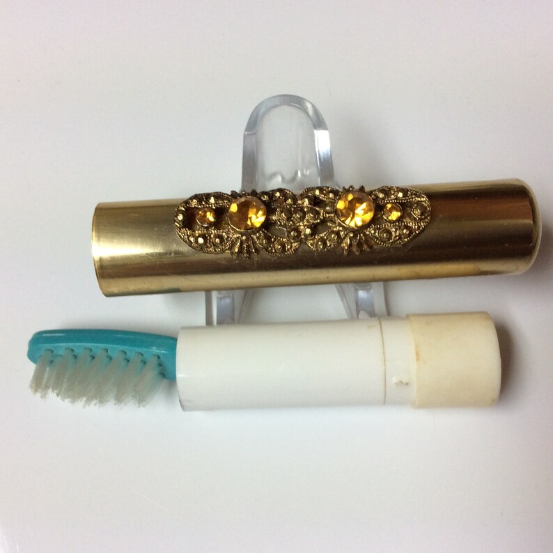 Vintage Toothbrush Holder Gold Tone Metal Amber Rhinestones - Etsy