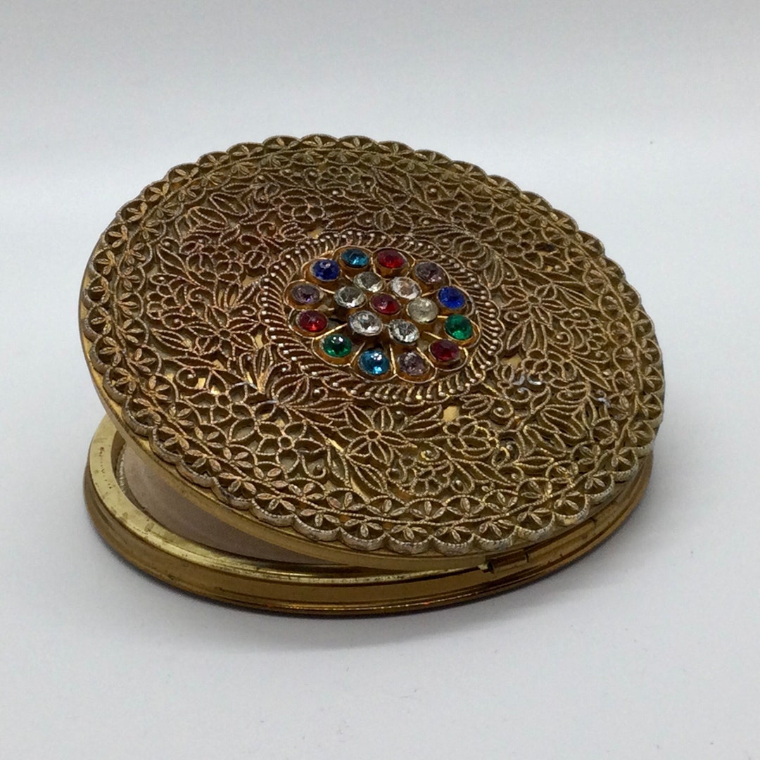 Large Gold Filigree and Jeweled 1930s Pancake Compact Lovely Inside ...