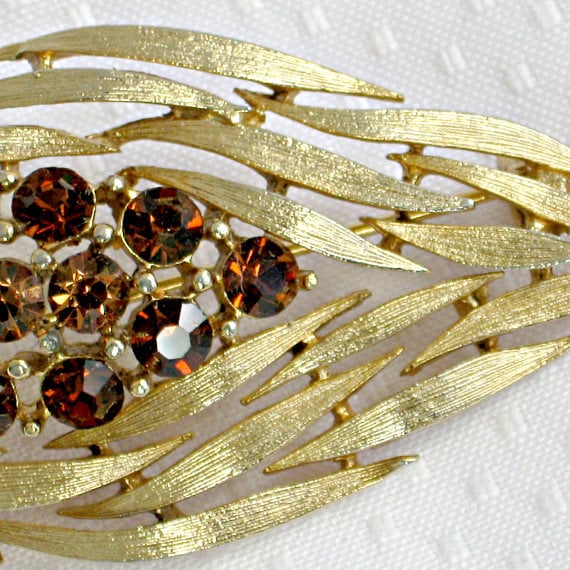 Vintage Signed Lisner Brooch Pin Amber Rhinestones Je… - Gem