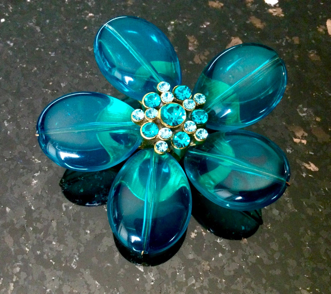 Vintage Large Lucite Flower Brooch Teal Green Blue Rhinestones - Etsy
