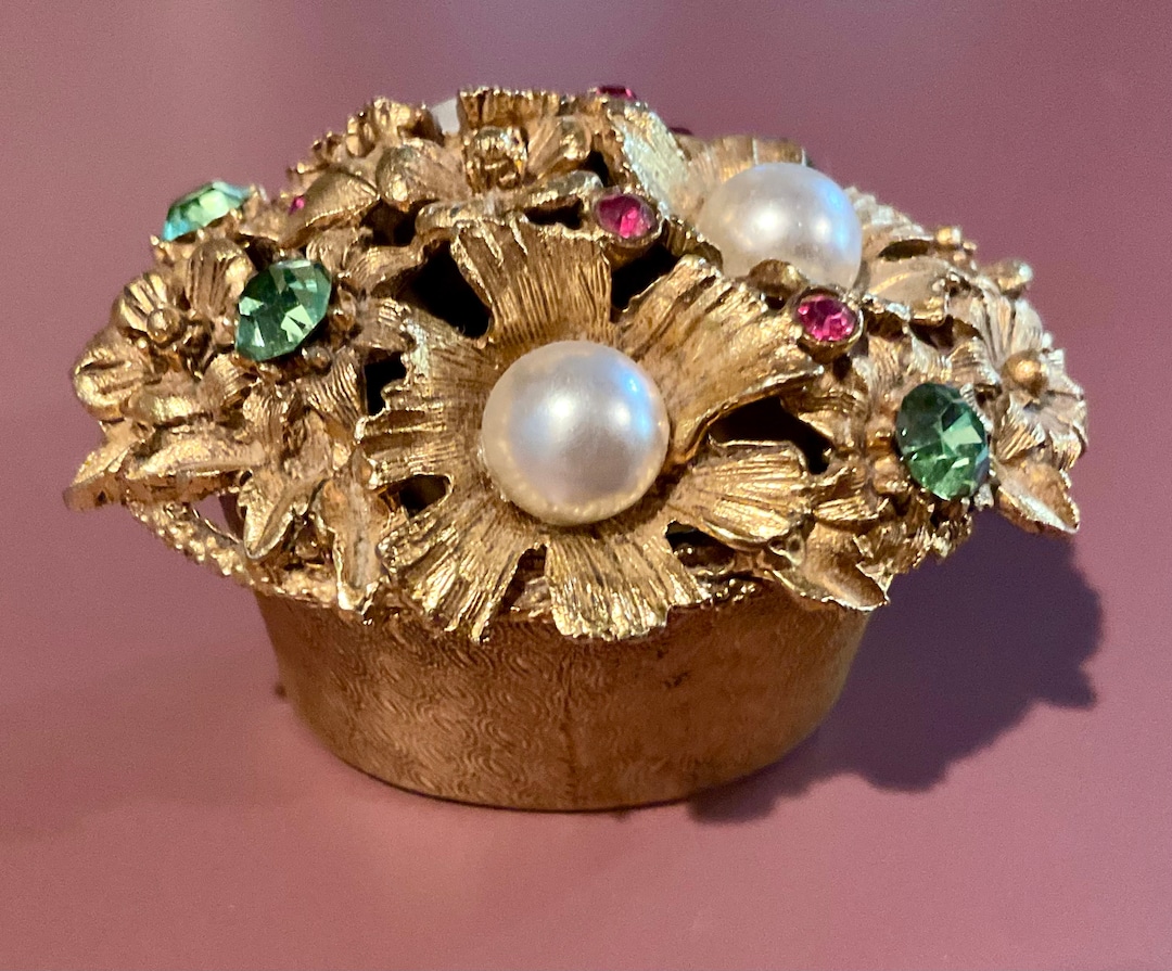 Signed Florenza Covered Trinket Box Faux Pearls Rhinestones Dresser Jar ...