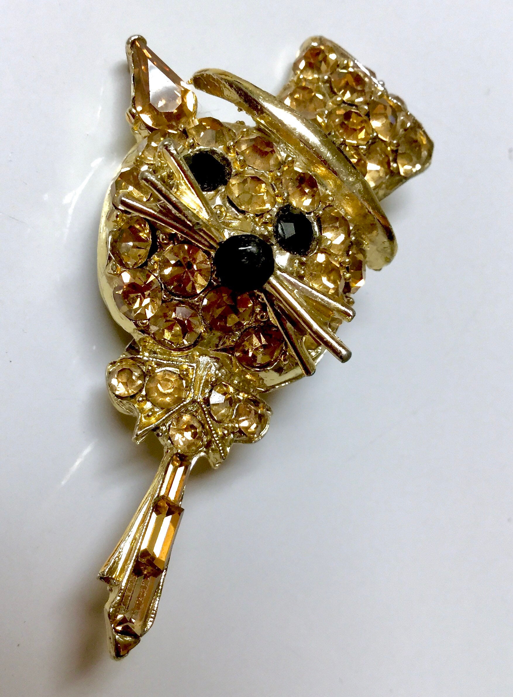 Signed Pell Chanpange Rhinestone Cat in Hat Brooch | Etsy