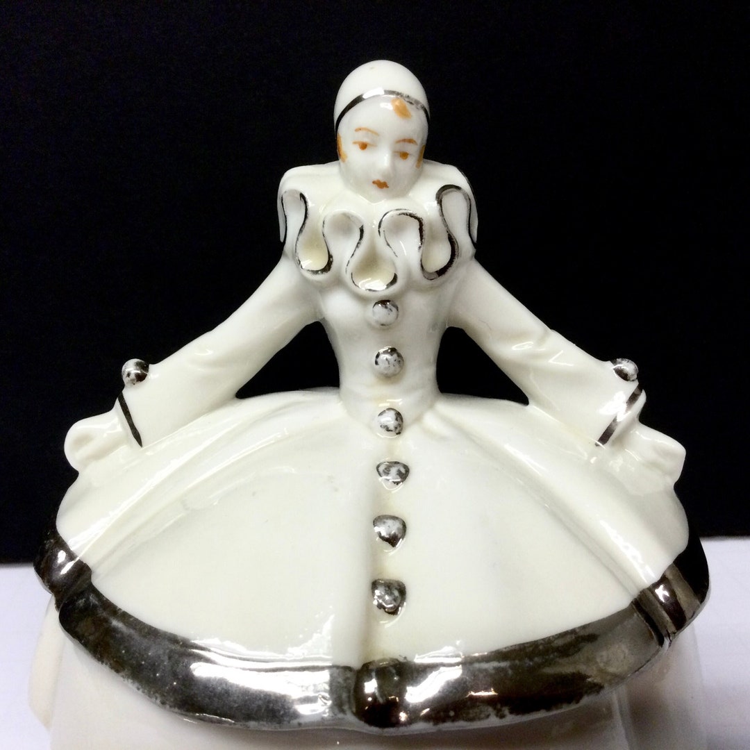 Half Doll Powder Jar Porcelain Dresser Box Lady Pierrot Harlequin ...