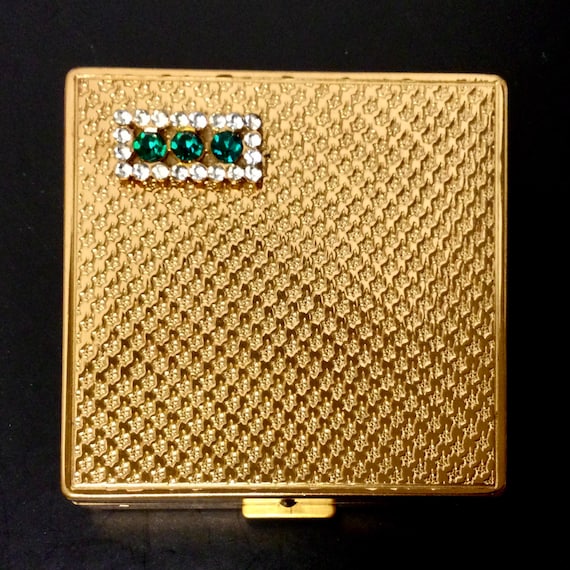 Vintage Richard Hudnut Powder Compact Green Rhineston… - Gem