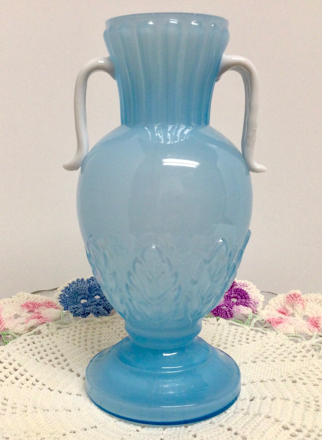 Elegant Czechoslovakian Glass Vase Blue White Handles Art Deco Signed ...