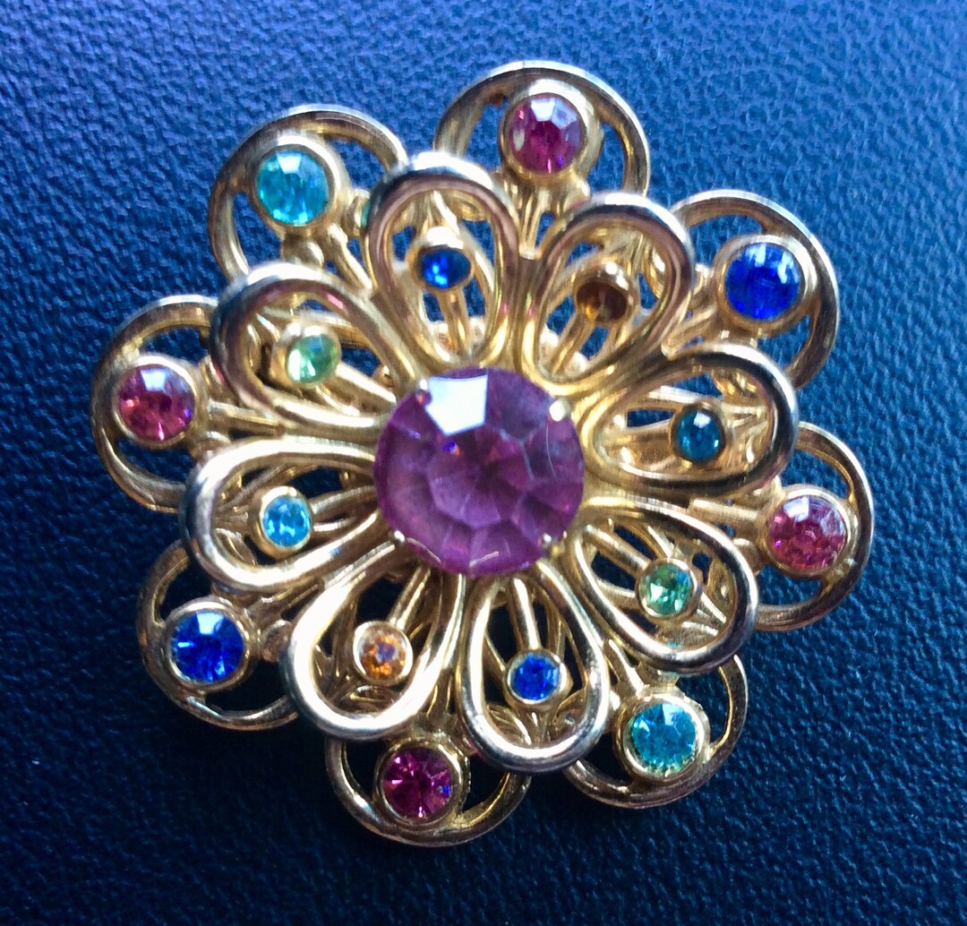Petite Vintage Signed Coro Brooch Pin Multi Color Rhinestones Gold Tone ...
