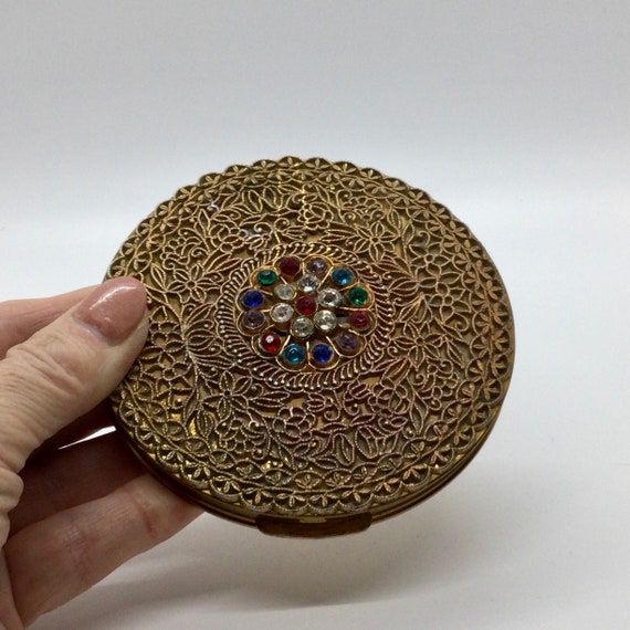Large Gold Filigree And Jeweled 1930s Pancake Compact… - Gem