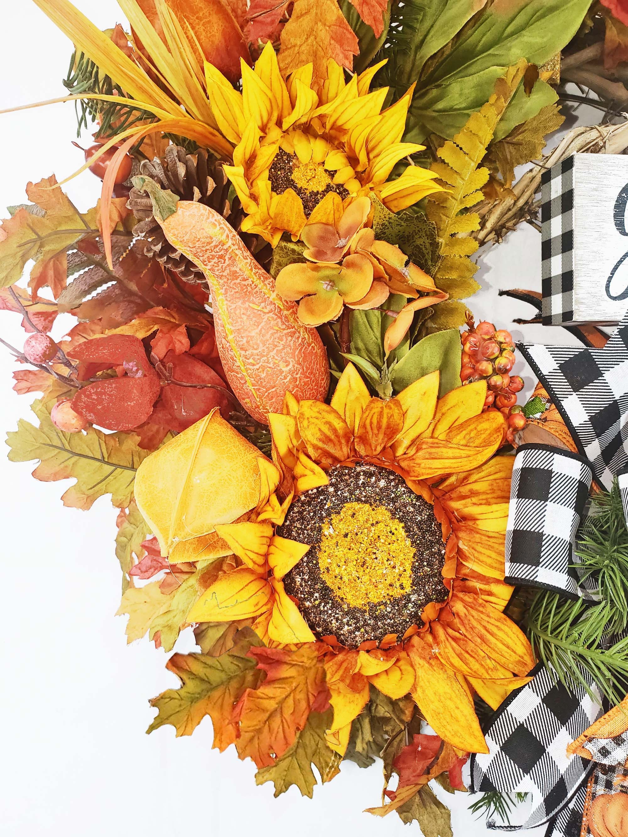 Fall Buffalo Check Grapevine Wreath Gather Sunflower Wreath - Etsy