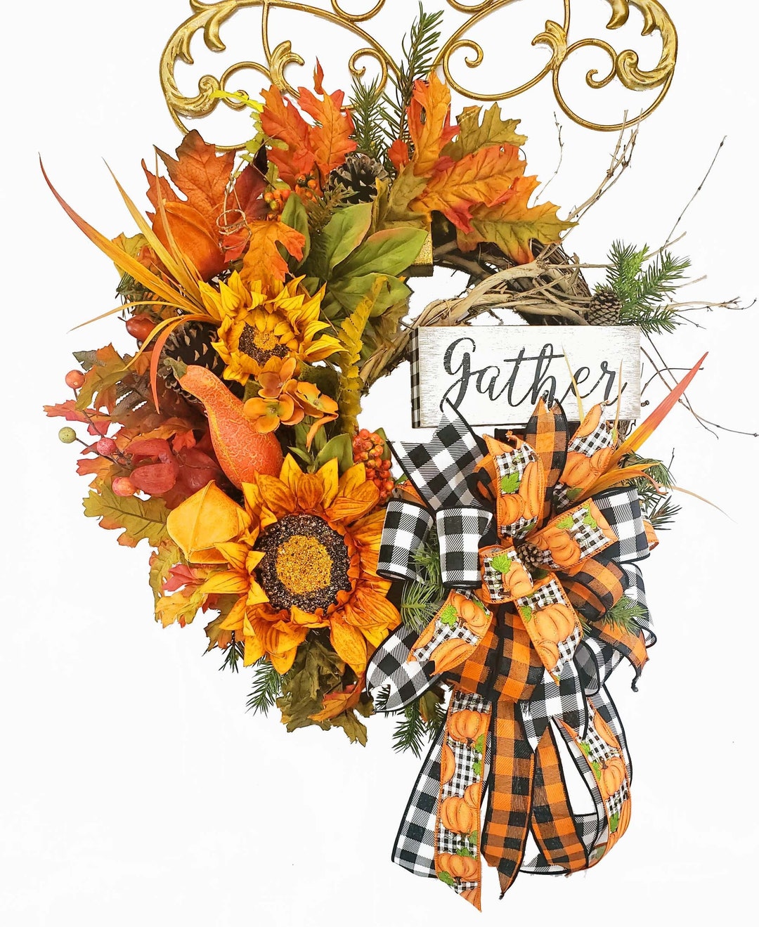 Fall Buffalo Check Grapevine Wreath Gather Sunflower Wreath - Etsy
