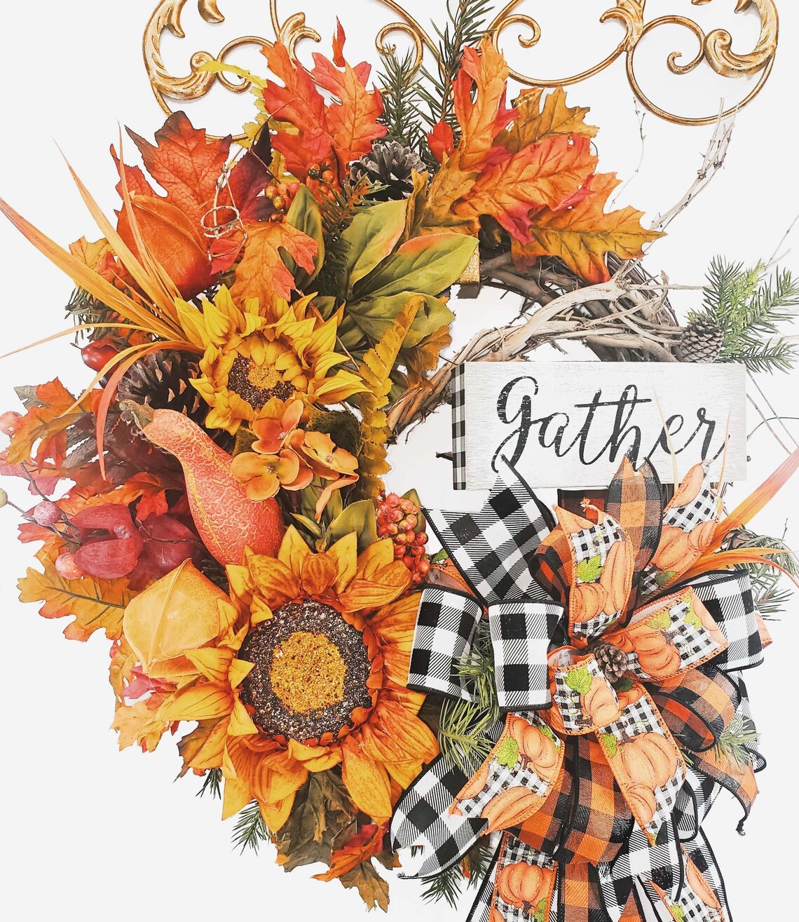 Fall Buffalo Check Grapevine Wreath Gather Sunflower Wreath - Etsy