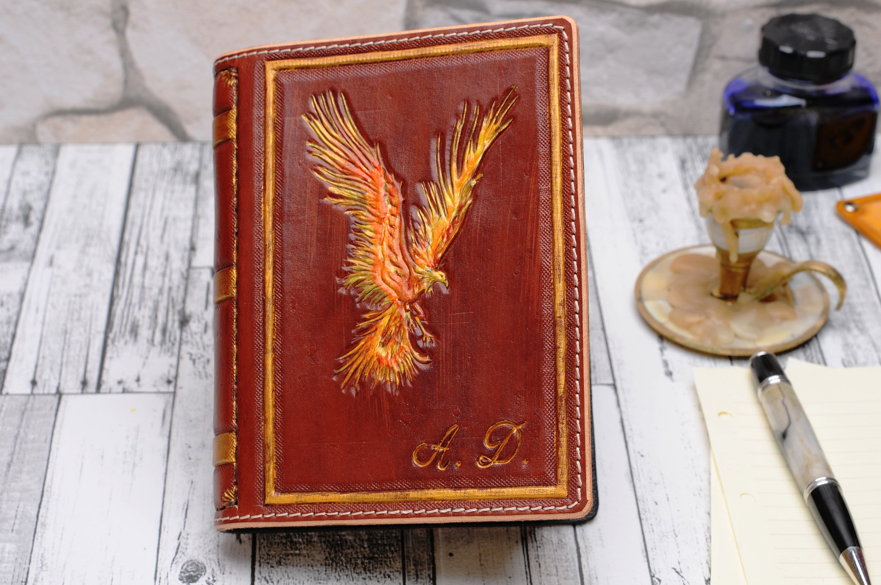 Aged Phoenix Leather Book, Personalized Gift, Custom Journal, Leather ...