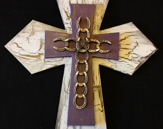 Large Wooden Wall Cross Distressed Grey & Purple Horseshoe - Etsy