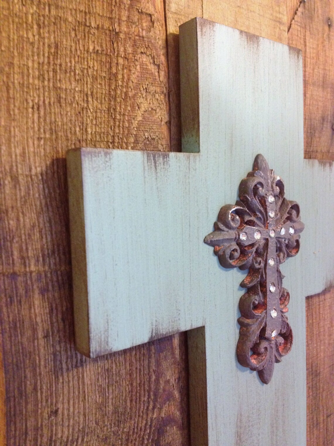 Pallet Wall Plaque - Distressed Turquoise Ornate Metal Cross With ...