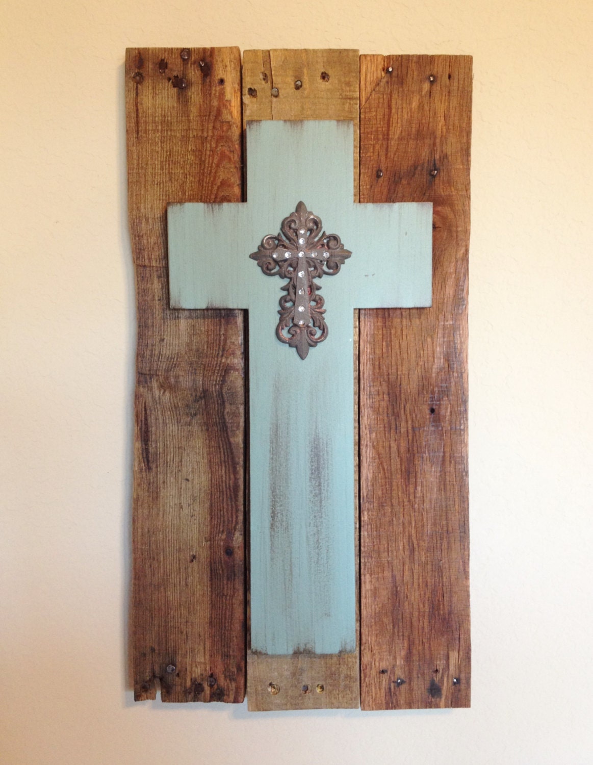 Pallet Wall Plaque - Distressed Turquoise Ornate Metal Cross With ...
