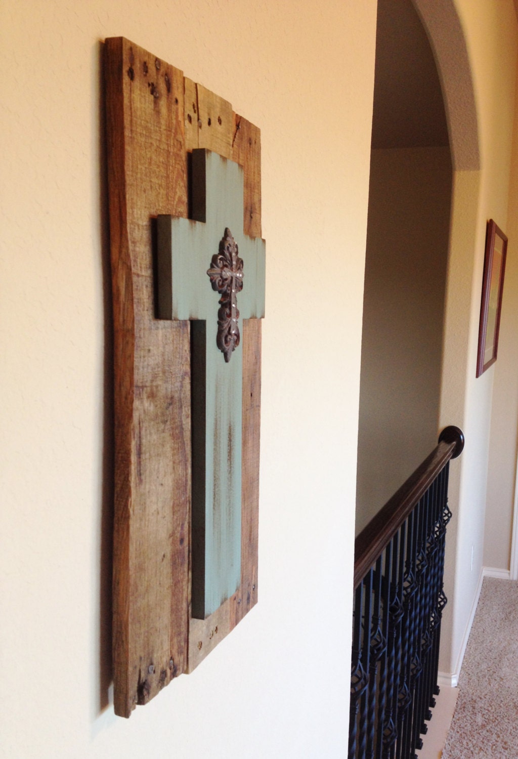 Pallet Wall Plaque - Distressed Turquoise Ornate Metal Cross With ...