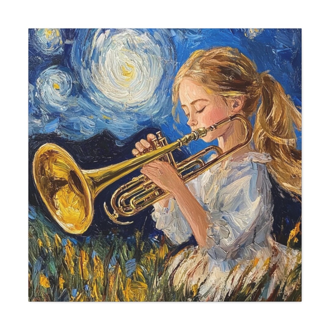 Canvas Print, Starry Night Van Gogh Art, Girl Playing Trumpet, Matte ...
