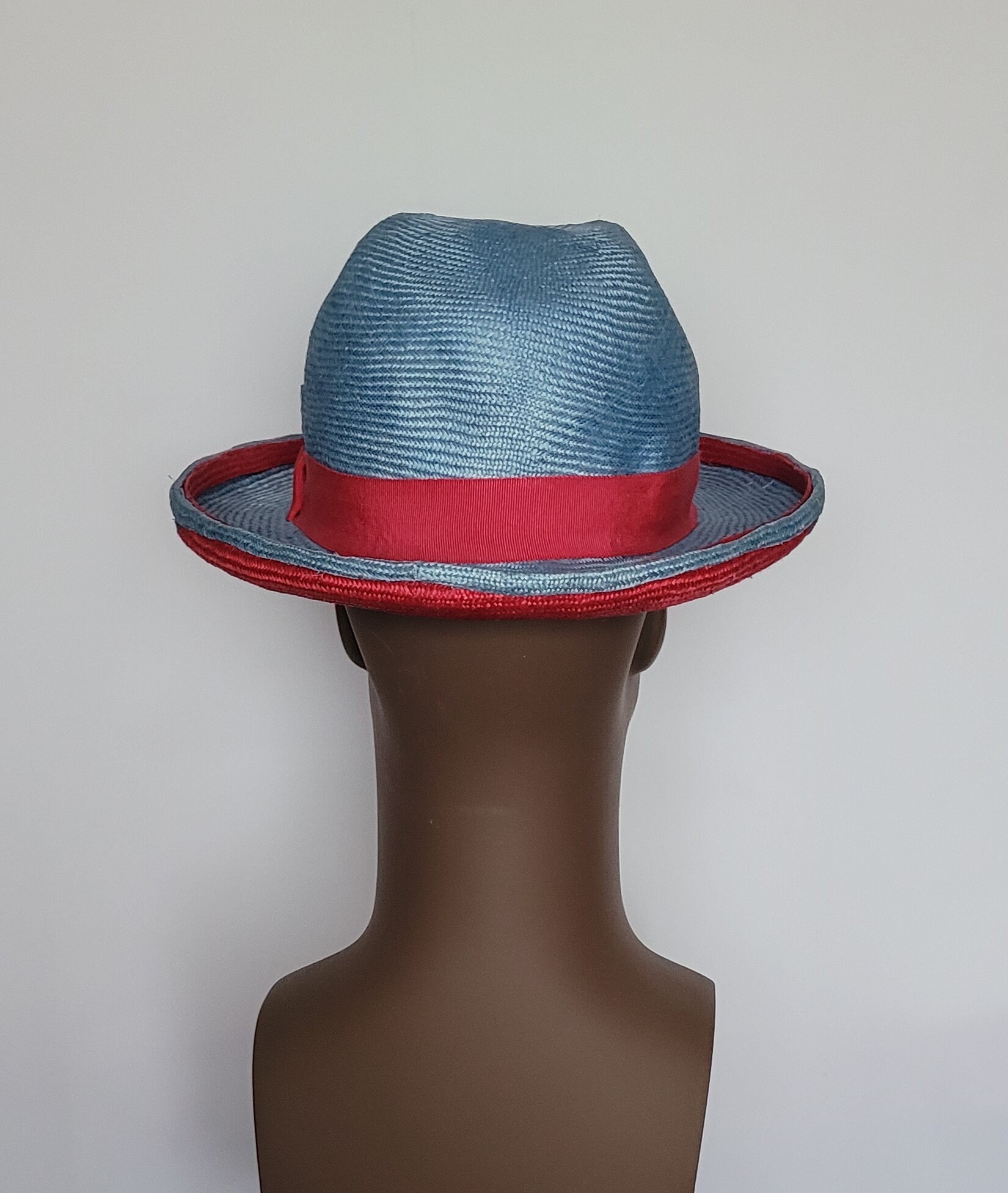 Men's Baby Blue and Red Fedora Hat With Two-tone Brim Parasisal Straw ...
