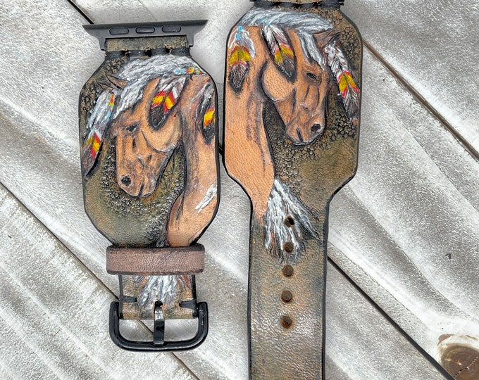 Leather Apple Watch Band, Hand Tooled War Horse Smartwatch, Brown 38mm ...