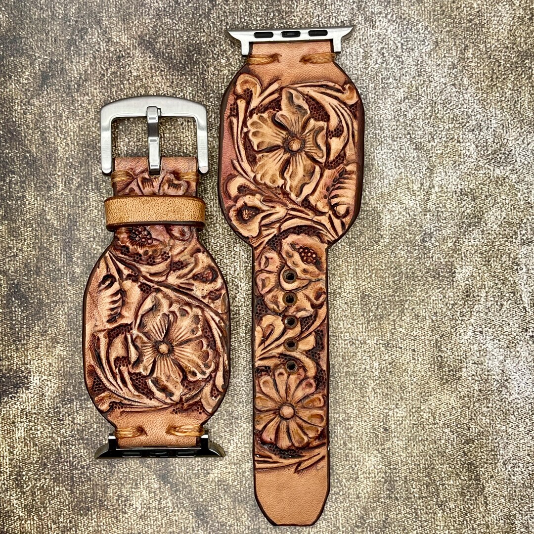 Leather Apple Watch Band, Tooled Western Flowers Smartwatch Strap ...