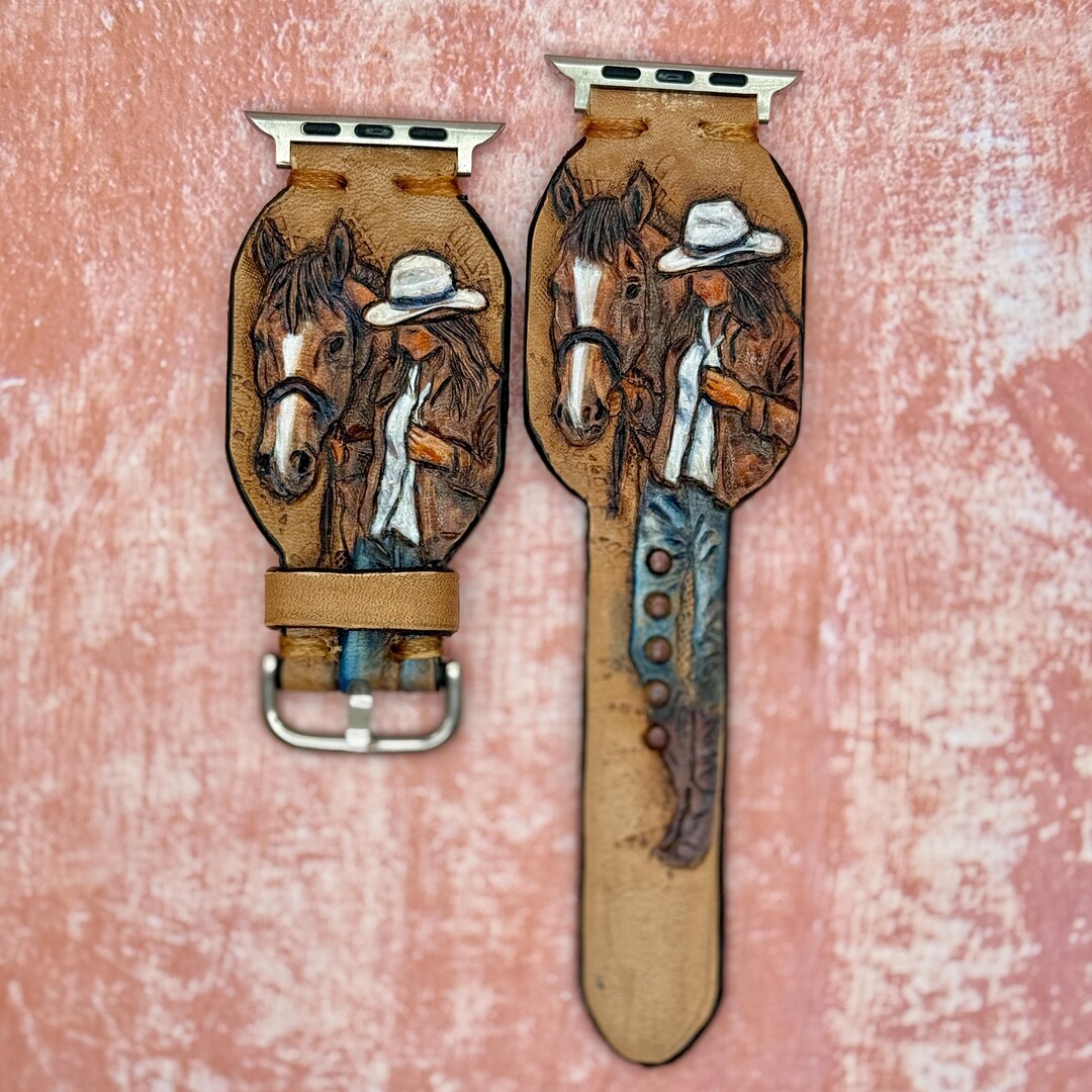 Hand Tooled Leather Apple Watch Band: Western Horse & Cowgirl Design - Etsy