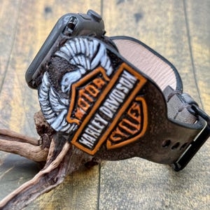 Hand Made Tooled Leather Biker Watch Band Harley Davidson Motor Cycle ...