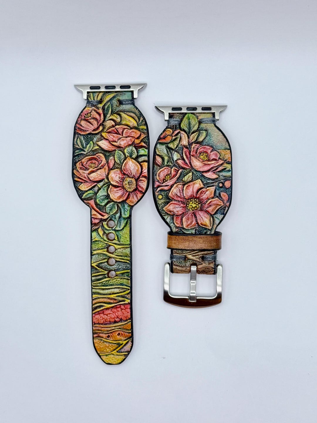Tooled Leather Apple Watch Band: Flowers With Teal Leaves - Etsy