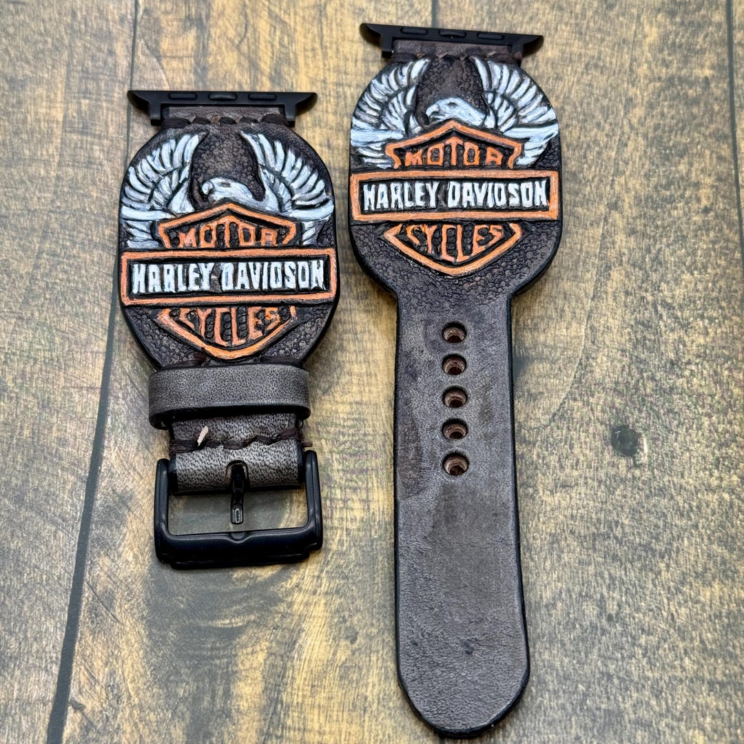 Hand Made Tooled Leather Biker Watch Band Harley Davidson Motor Cycle ...