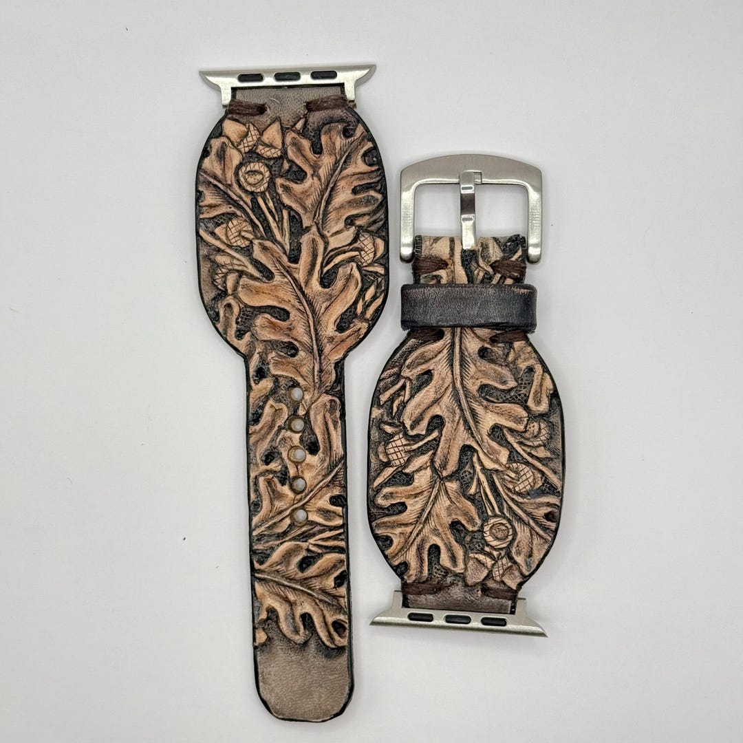 Apple Watch Band, Tooled Leather Western Oak Leaf Smartwatch Strap ...