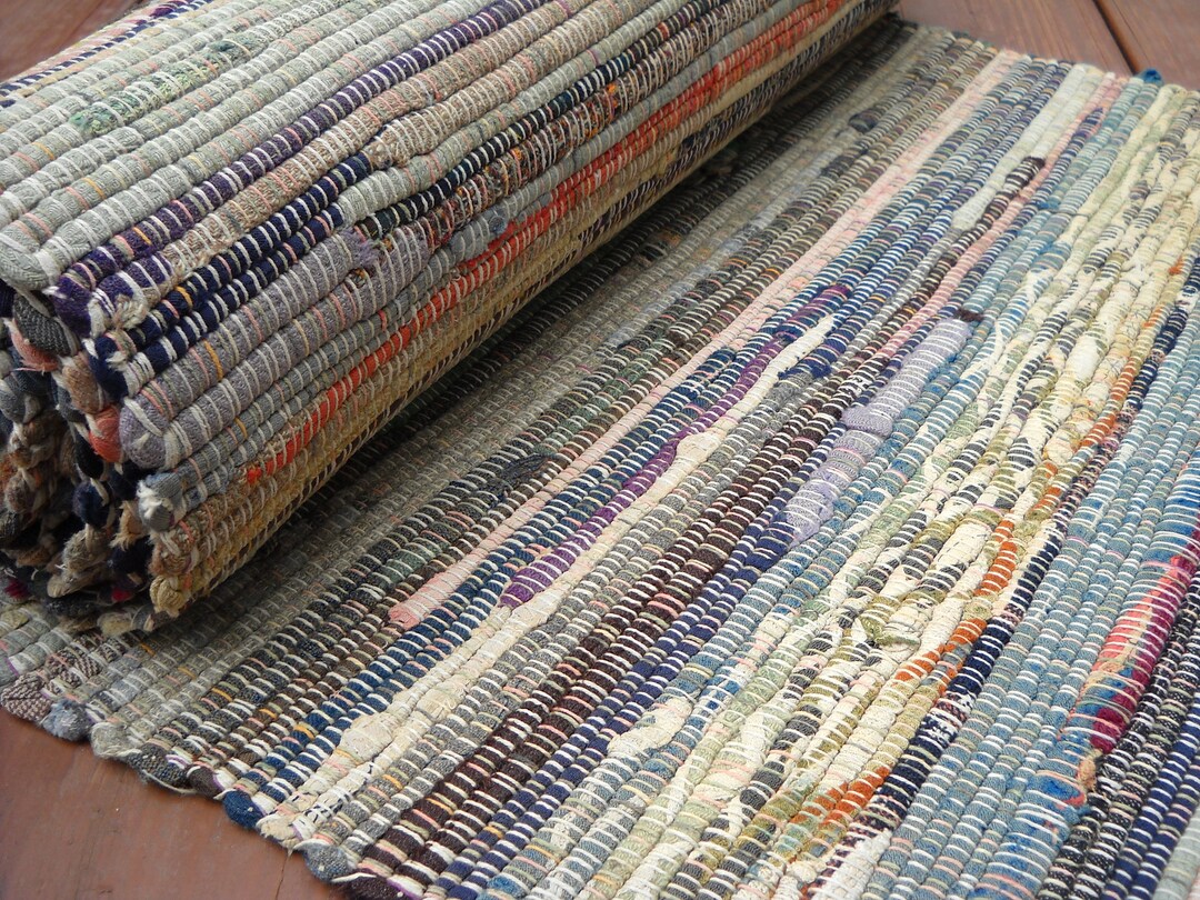 Vintage Long Rag Rug, Narrow Woven Stair Runner, Farmhouse Decor, Blue ...