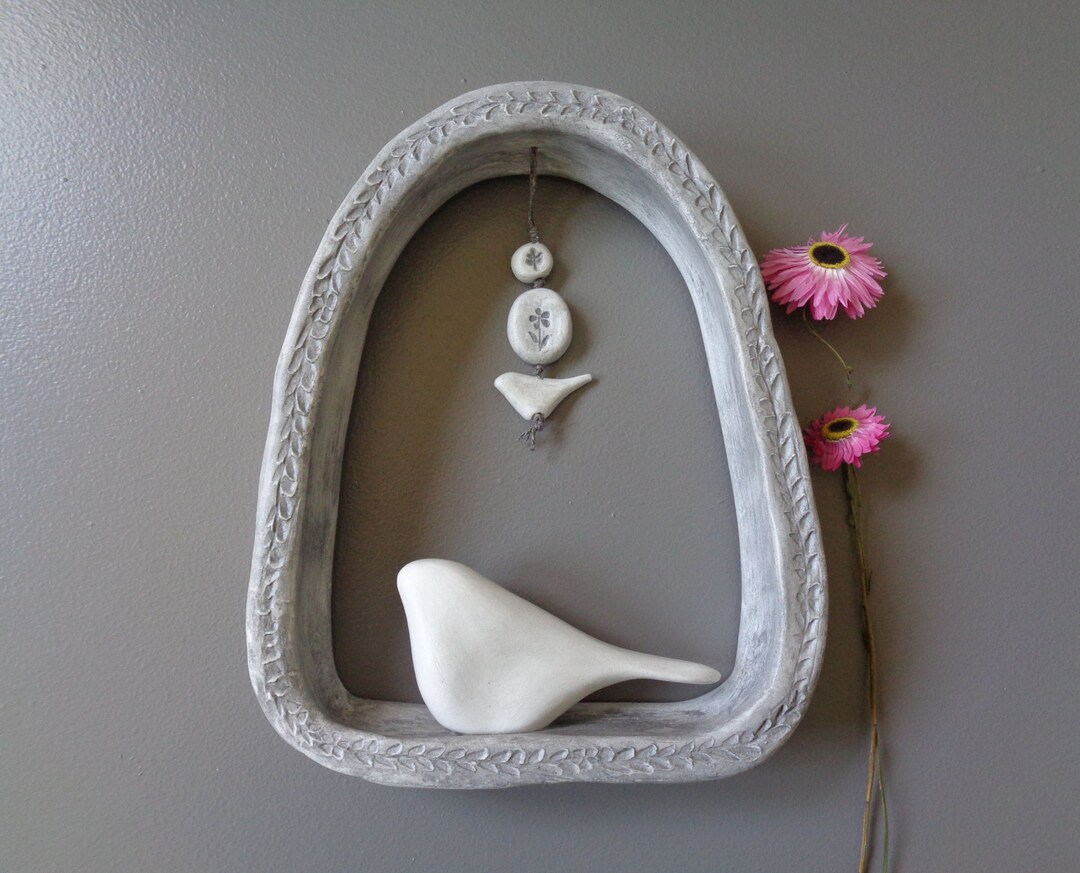 Clay Bird Art, Gray Clay Arched Frame With Bird, Beads, Eclectic Wall ...