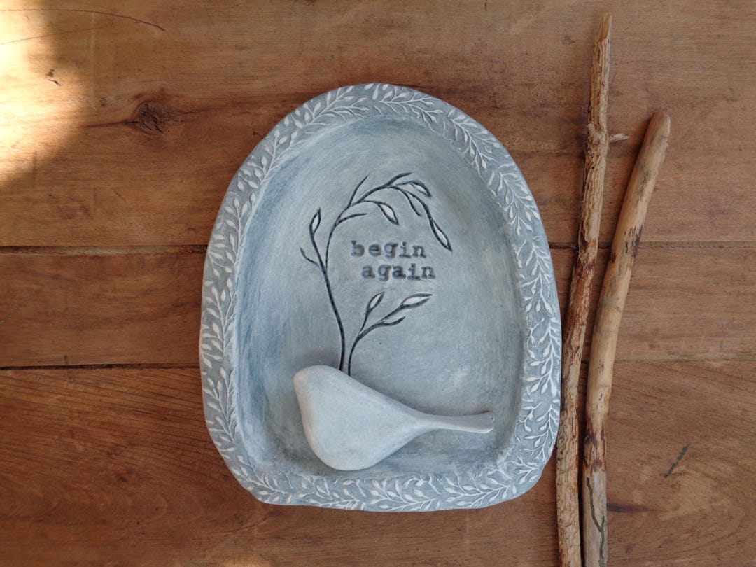 Clay Wall Shrine With Clay Bird and Words Begin Again, Small Slate Blue ...