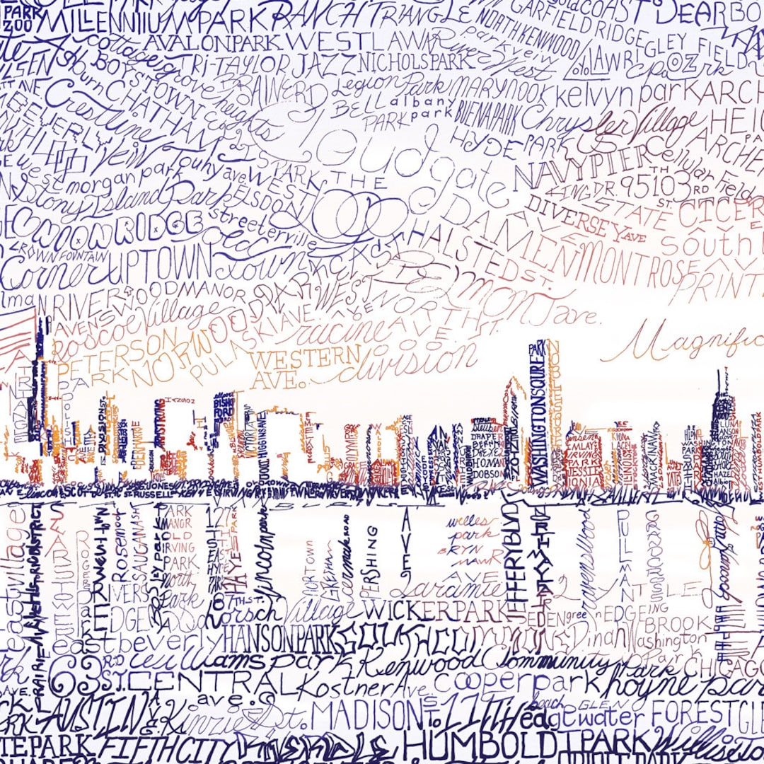 Chicago Skyline Word Art - Handwritten With Streets, Neighborhoods ...