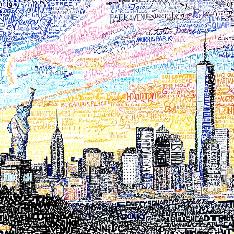 New York City Skyline Word Art - Handwritten With Streets ...