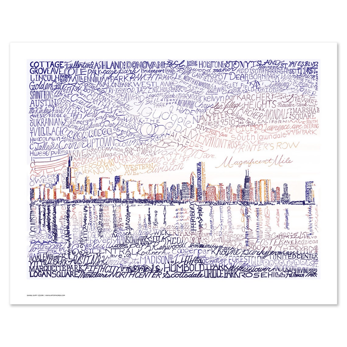 Chicago Skyline Word Art Handwritten With Street Names & | Etsy