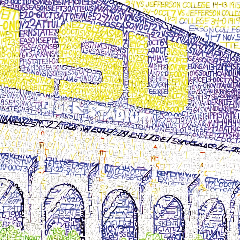 LSU Tiger Stadium Word Art Print - 16"x20" - Handwritten With the ...