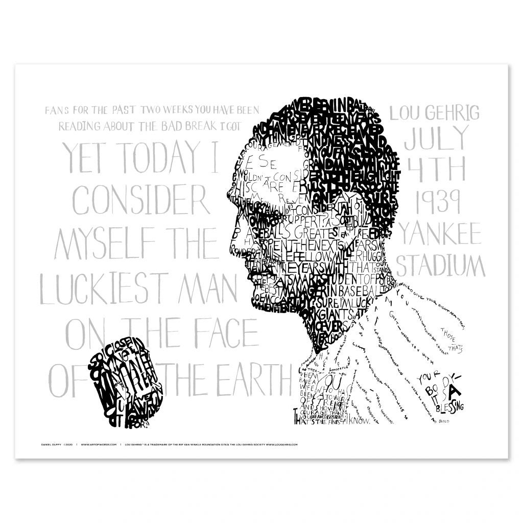 Lou Gehrig Word Art Handwritten With His Luckiest Man Speech - Etsy