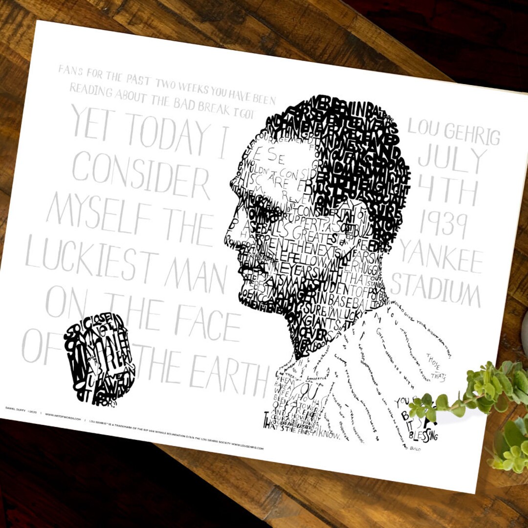 Lou Gehrig Word Art Handwritten With His Luckiest Man Speech - Etsy