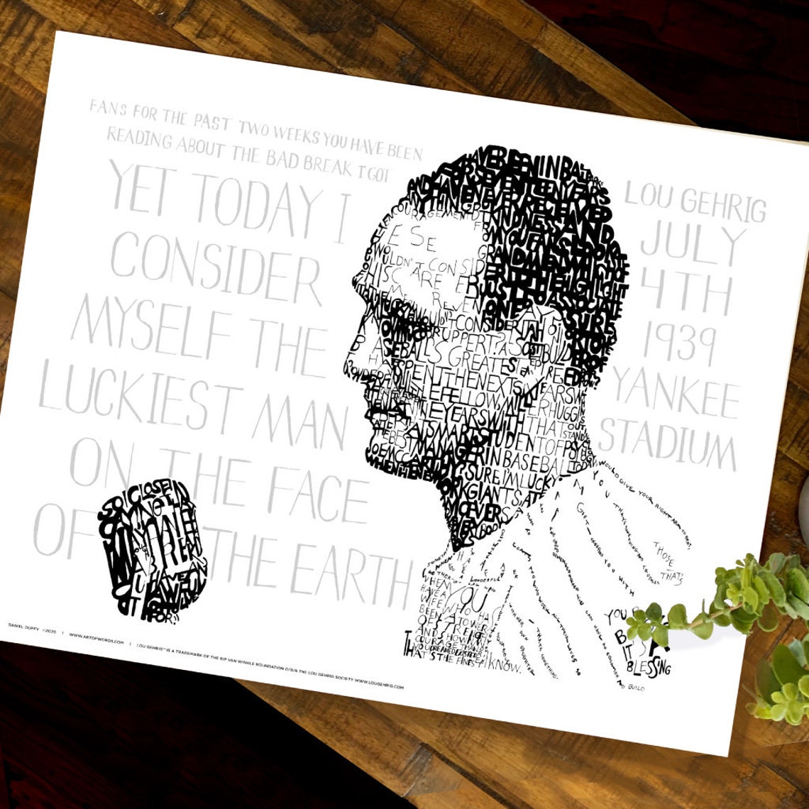 Lou Gehrig Word Art Handwritten With His Luckiest Man Speech - Etsy