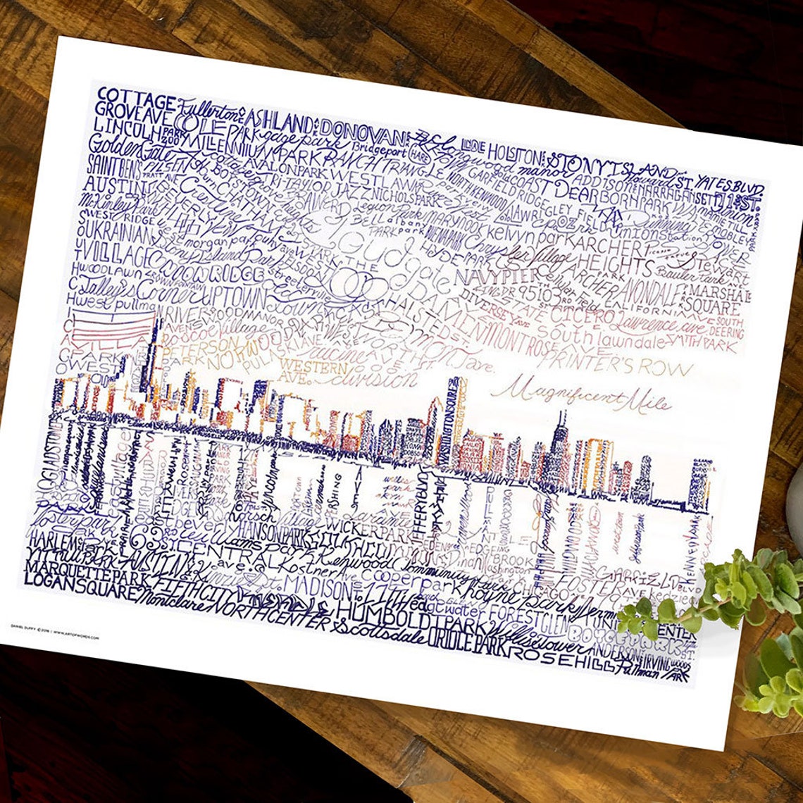 Chicago Skyline Word Art Handwritten With Street Names & | Etsy