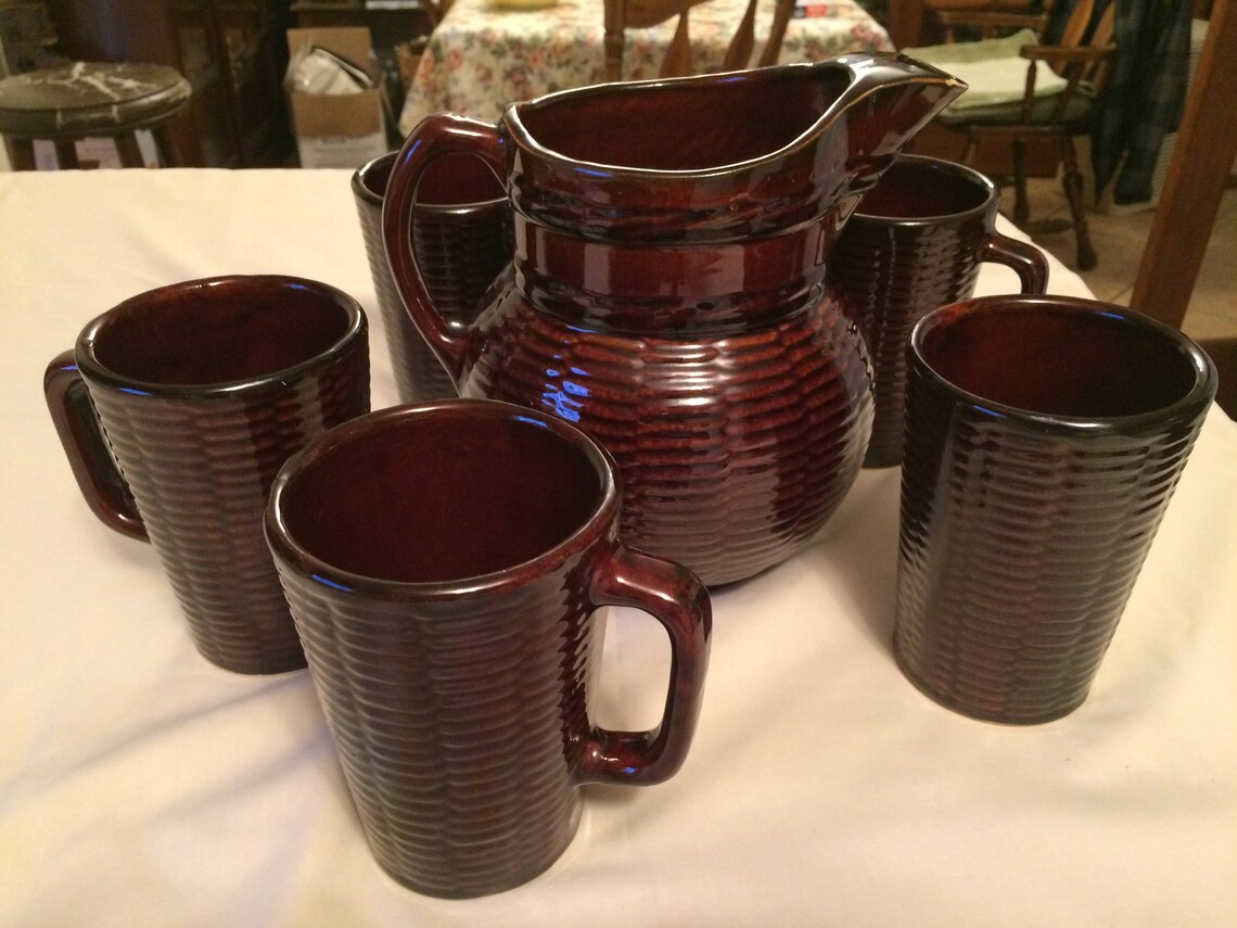 Vintage Watts Pottery Heirloom Brown Basketweave Pitcher 810 | Etsy