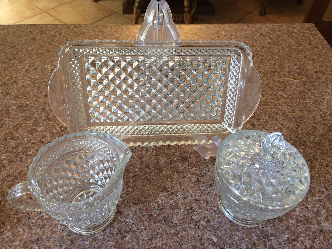 Vtg Anchor and Hocking Wexford Diamond Pattern Sugar and Creamer and ...