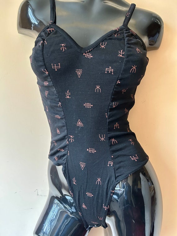Italian Bodysuit with Spaghetti Straps, Black Wool P… - Gem
