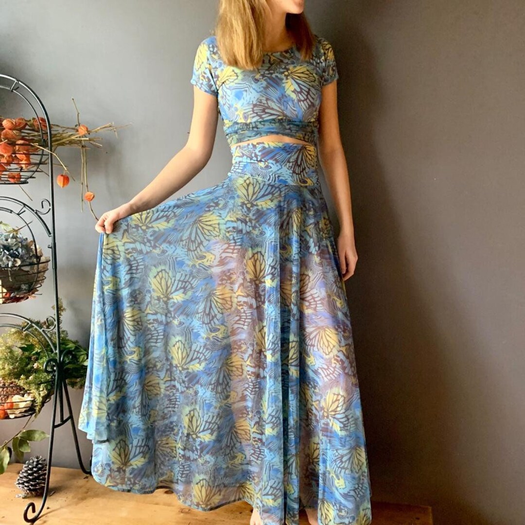 Sheer Long Skirt and Wrap Top Set With Shorts, High Waist, Wrap Top, Blue Butterfly Pattern ...